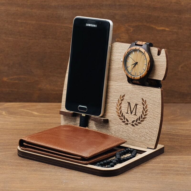 Personalized Desk Organizer Phone Docking Station Custom Wooden Stand ...
