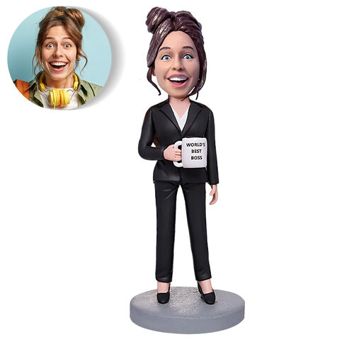 Custom Bobblehead of Female Boss in Black Suit - Drawmade.com
